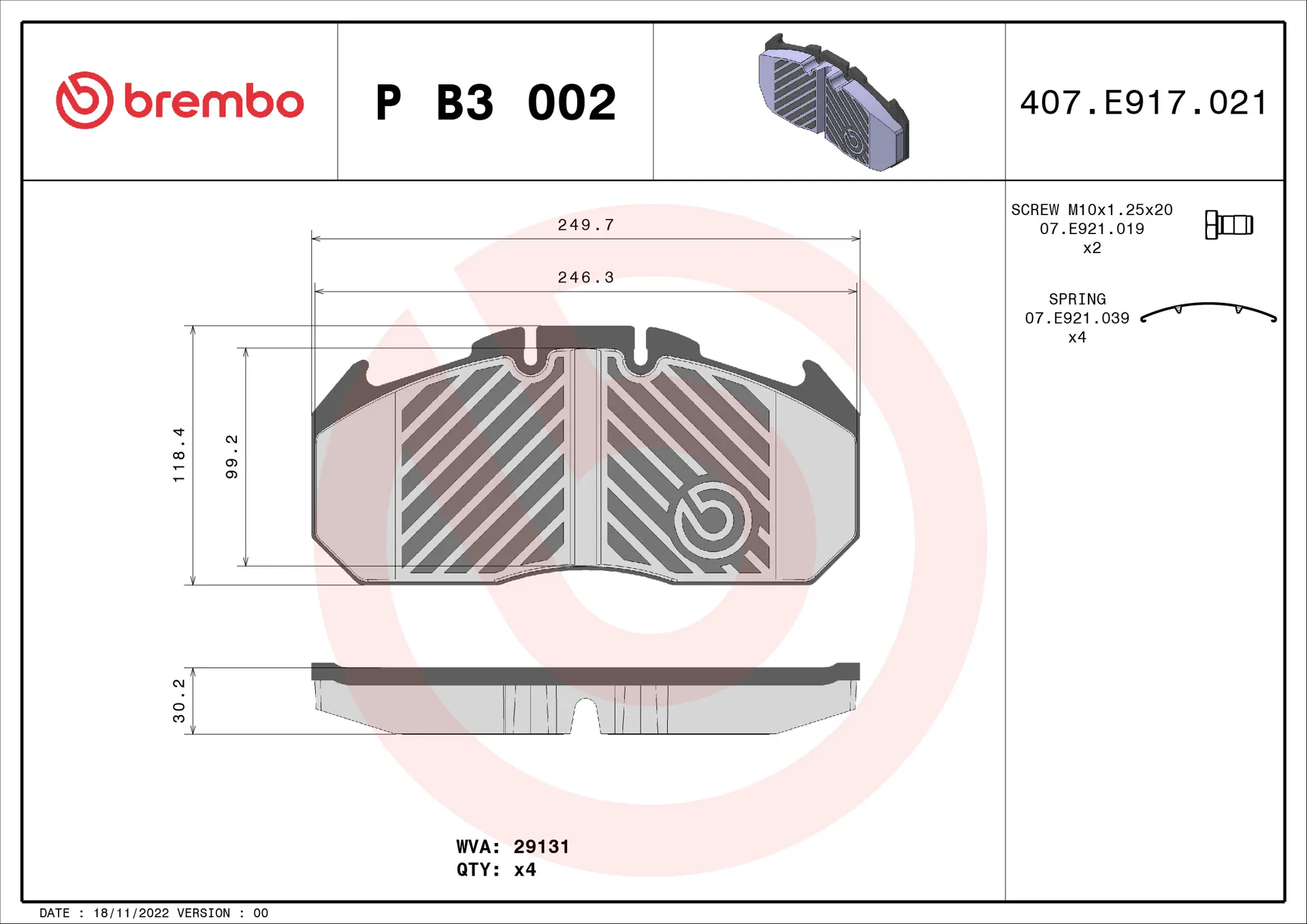 Brake pad Brembo P B3 002