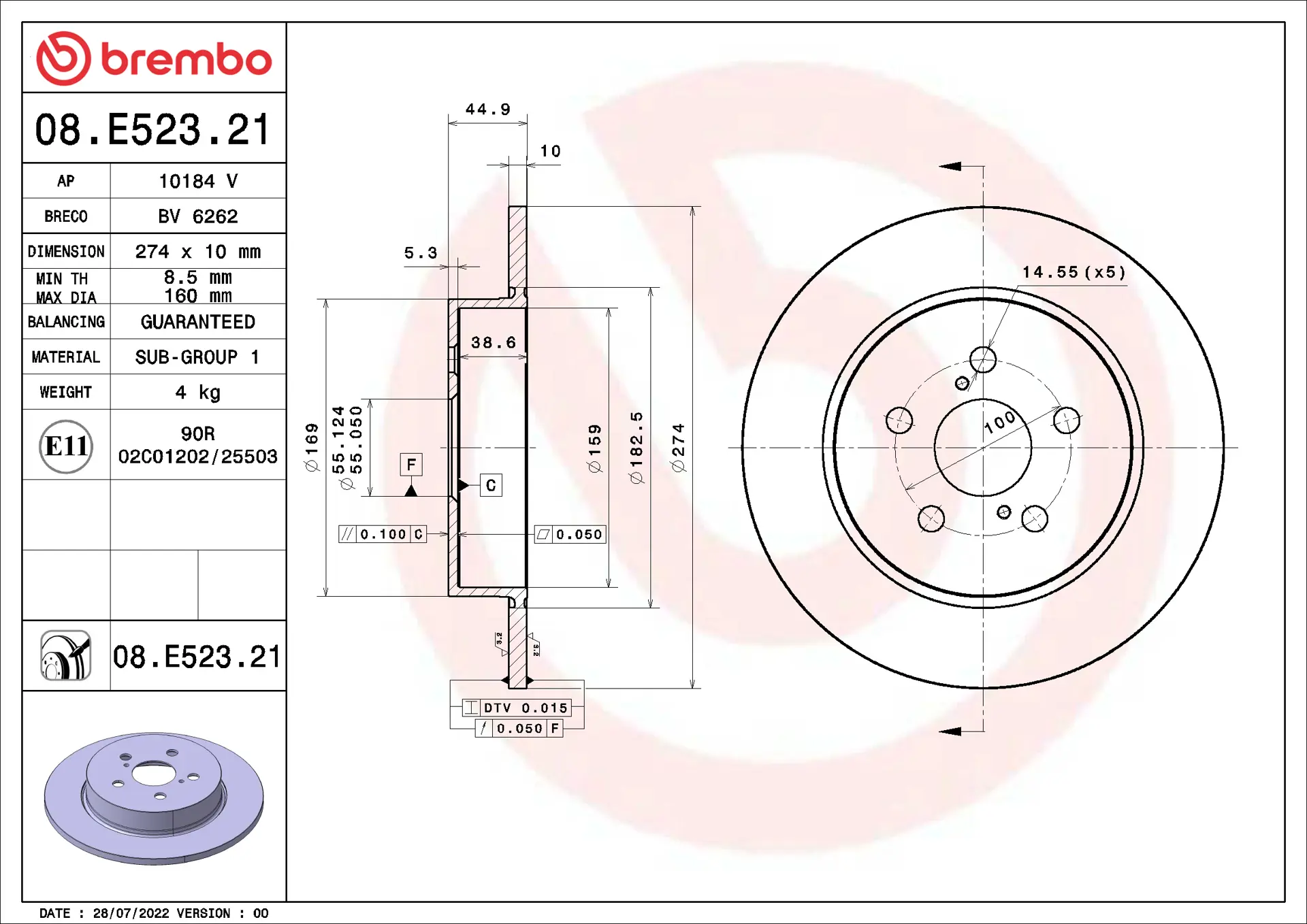 Brake disc Brembo 08.E523.21